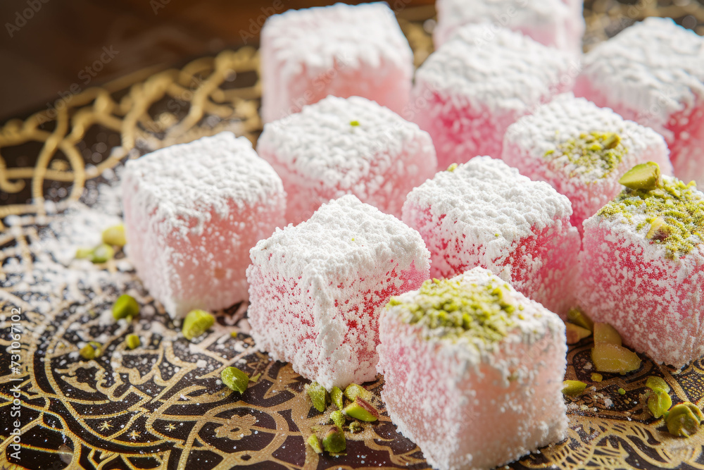 Delicate rosewater-infused Turkish delight, elegantly dusted with ...