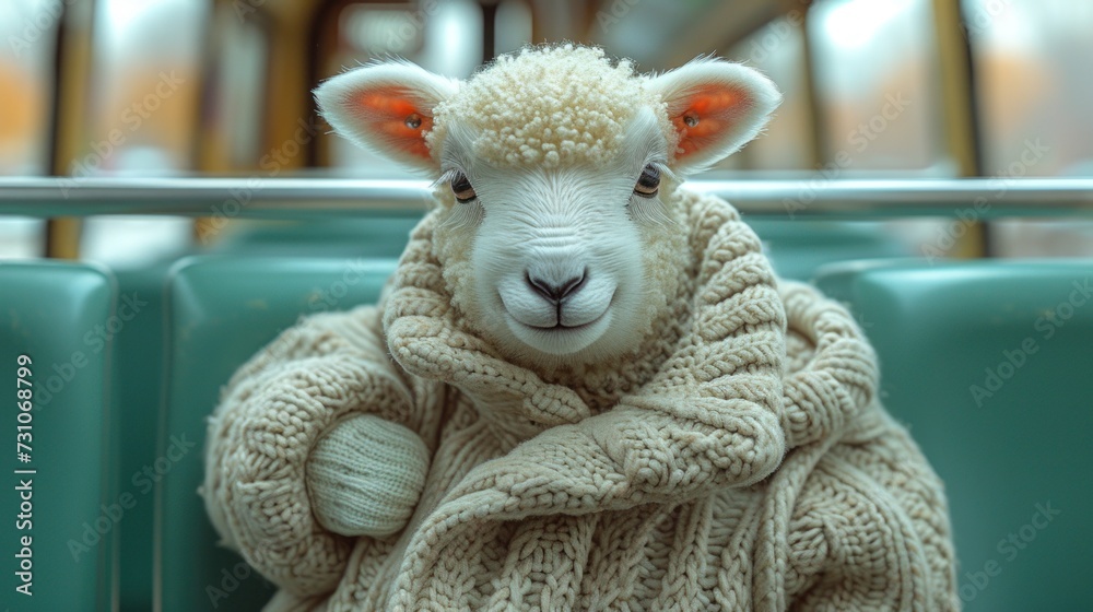 a close up of a sheep wrapped in a blanket on a public transit train ...