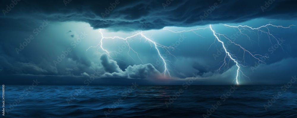 The image depicts lightning flashing over the ocean as a storm passes ...