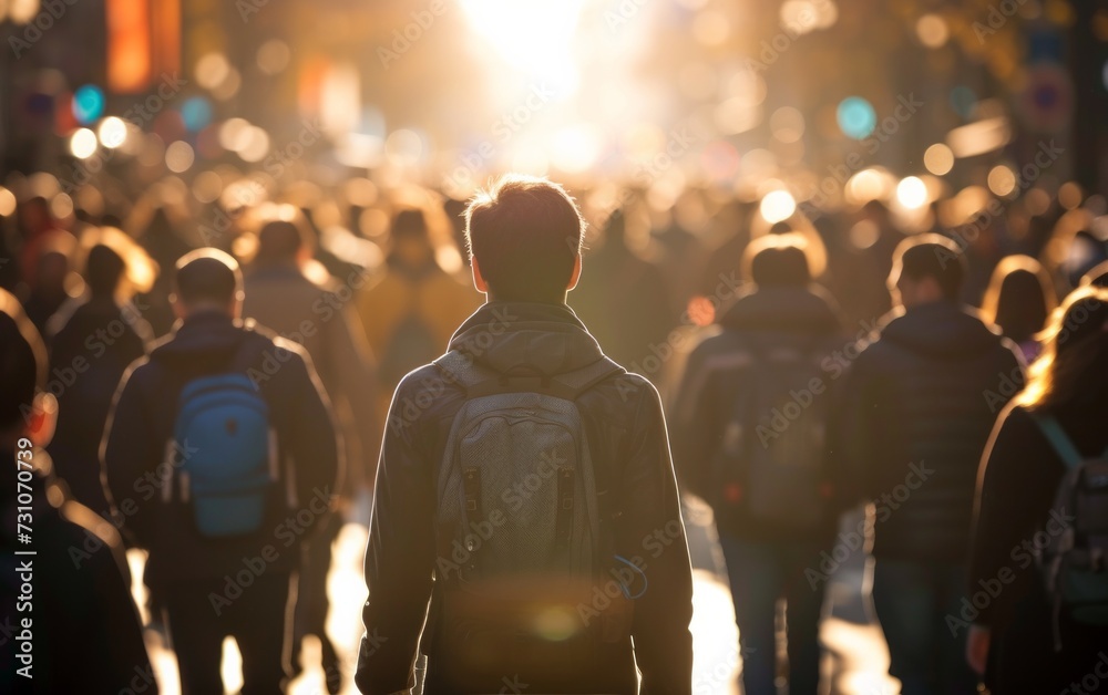A man walks amidst a bustling crowd, navigating through the throng of ...