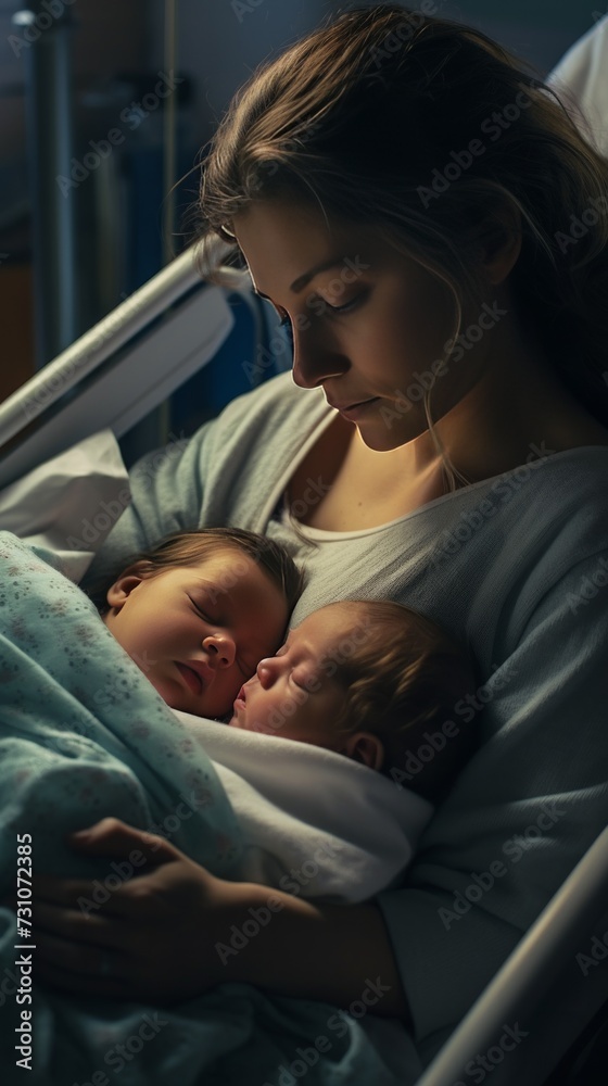 In the hospital bed, a mother tenderly cradles her newborn baby, both ...