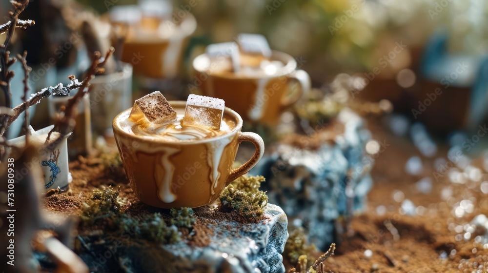 miniature iced coffee cups, with tiny coffee ice cubes and creamy ...