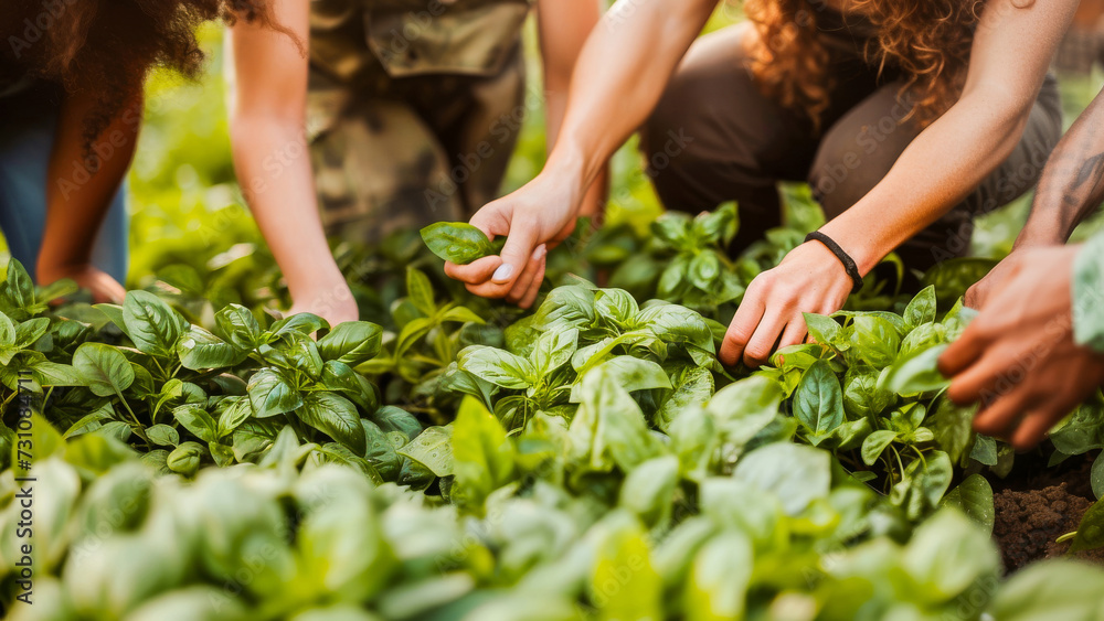 Hands of people working together in a community garden, planting and ...