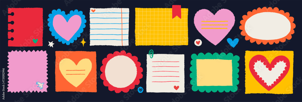 Paper valentine memo notes on stickers. Vector vintage sticky notes and ...