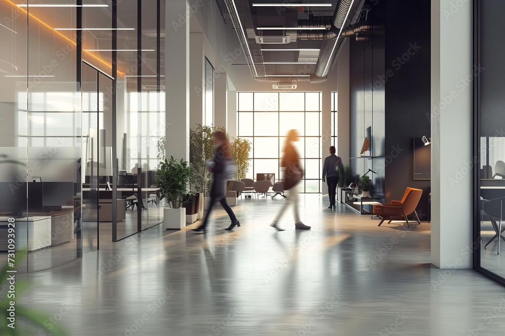 Bustling modern office space with professionals in motion Reflecting ...