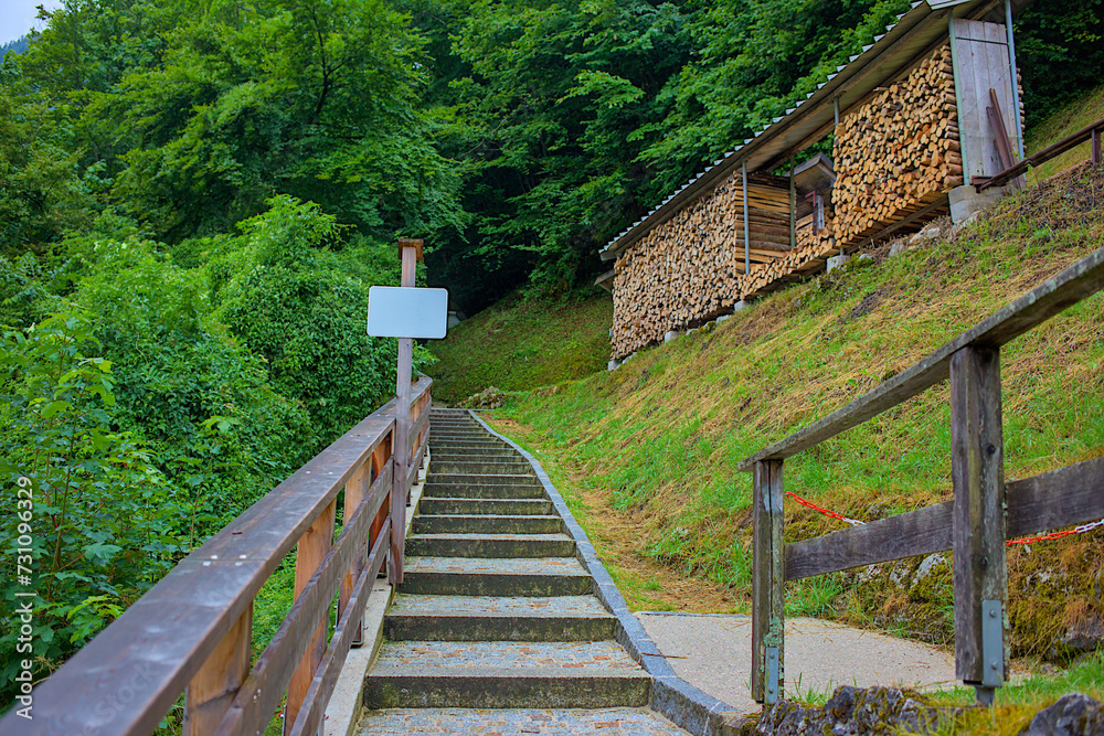 Hallstatt, Austria. Wood stack with stacked firewood stock for winter ...