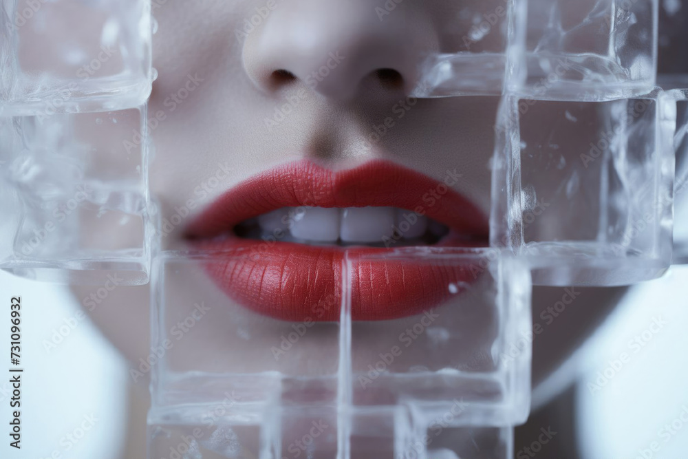 Female smile with white teeth in ice on white background. Concept of ...