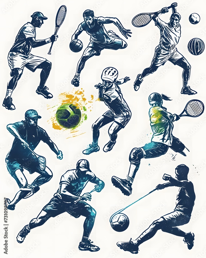 sports-themed clip art set, poses and equipment Stock Illustration ...