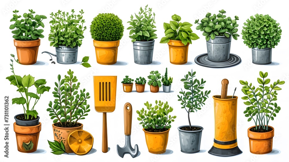 gardening clip art set, tools, plants, and outdoor elements Stock ...