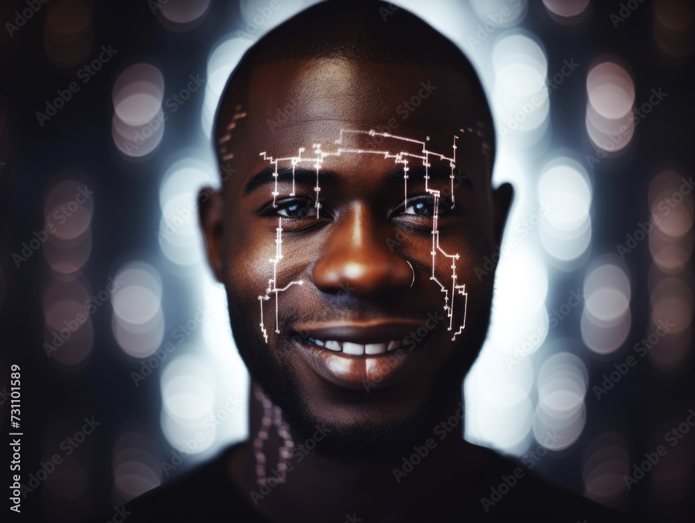 neural network entangled the head of a black beautiful smiling man. IQ ...