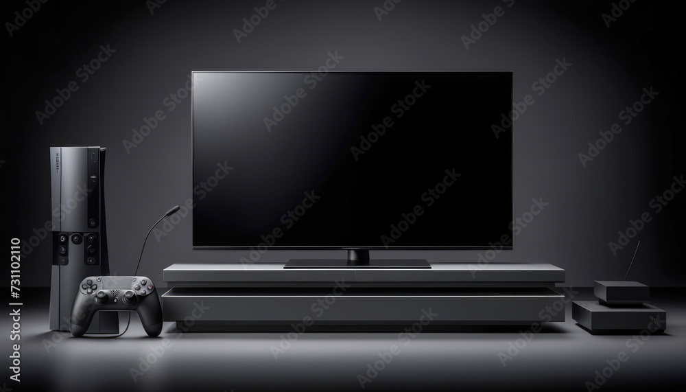 Wide television screen set on modern furniture. Isolated on white ...