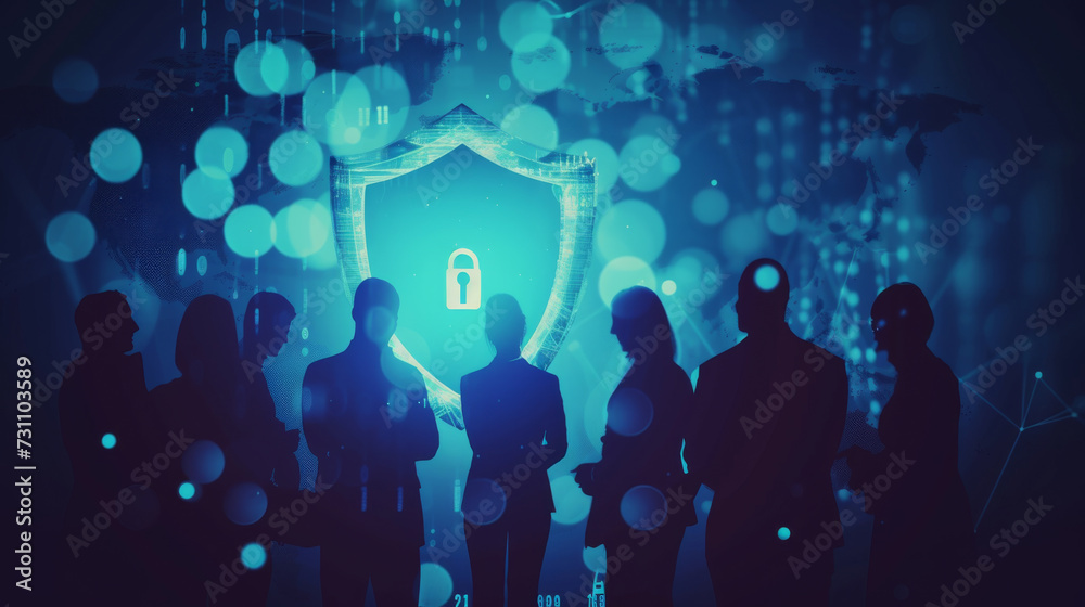Silhouettes of professionals at a cybersecurity event, with a digital ...