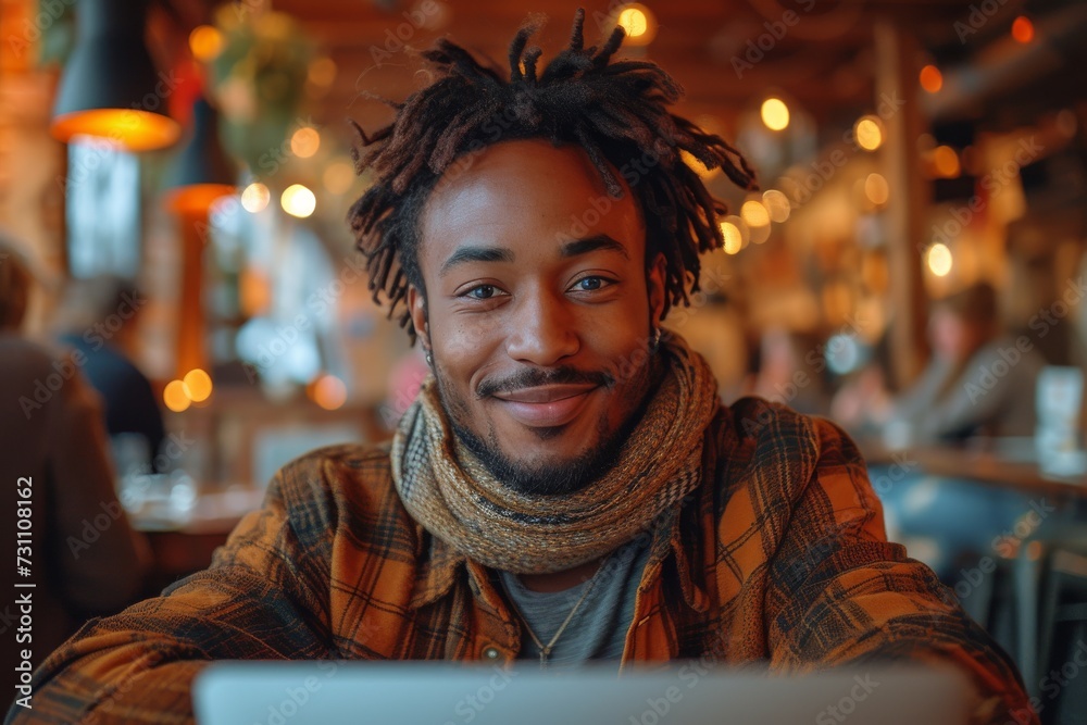A tech-savvy man with a contagious smile sits comfortably indoors, his ...