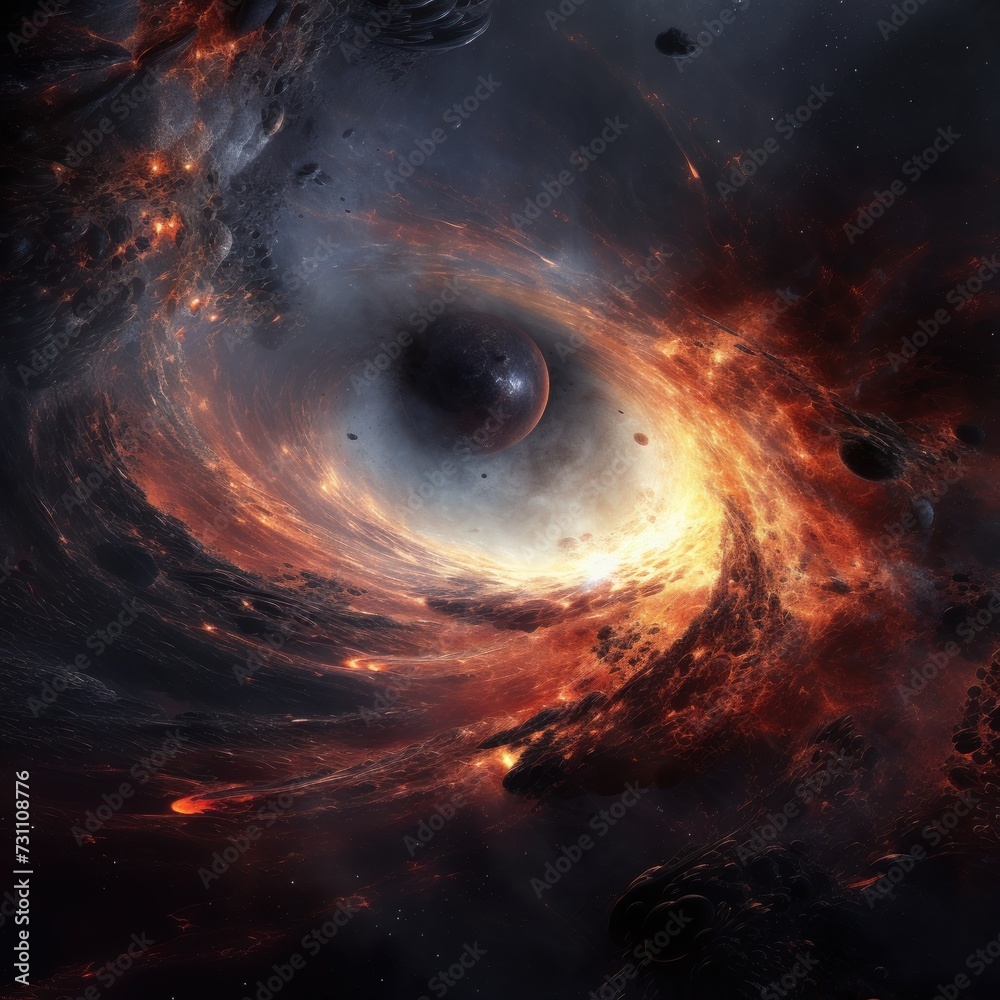 Black hole with dark glowing dust ring in space absorbs energy of other ...