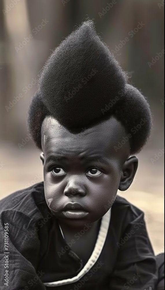 A small black African baby displays uniquely styled hair, celebrating ...