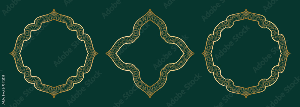 Gold geometric ornamental frame, round and square shapes Islamic window ...