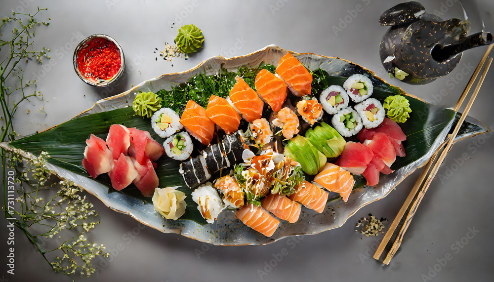 Mixed sushi rolls sashimi, maki, temaki, oshizushi, nigiri, gunkan maki ...