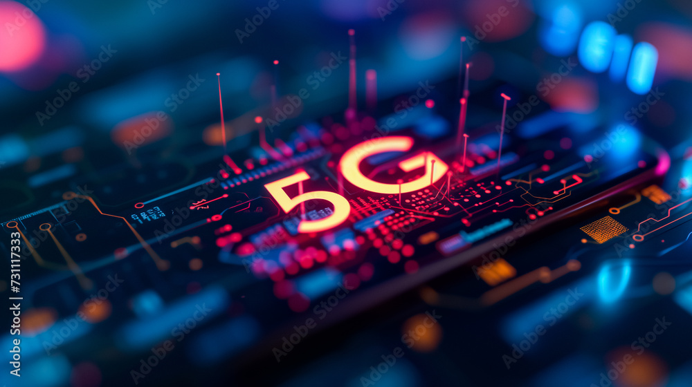 5G symbol illuminates in red a complex circuit board, representing high ...