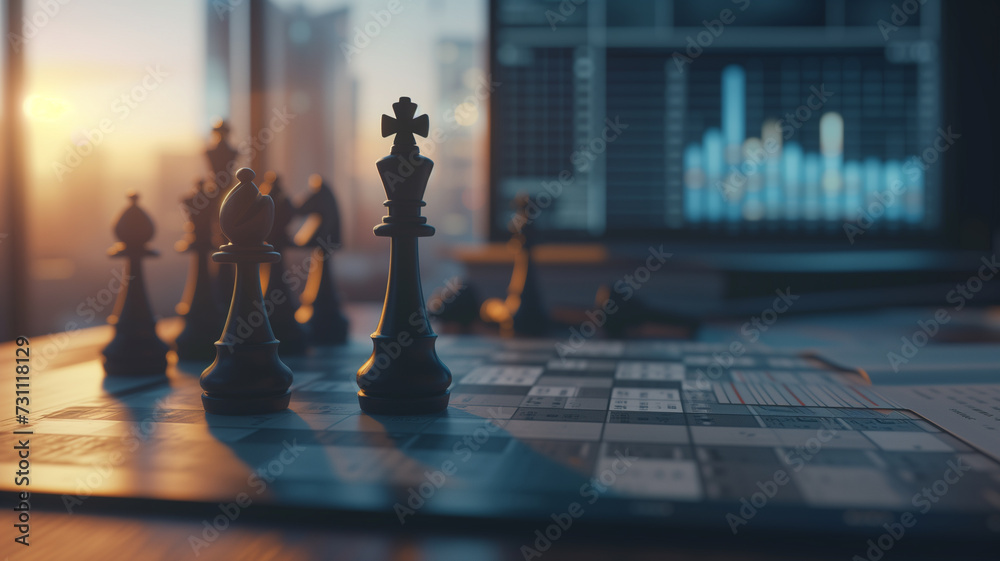 Chess board strategically placed on an office desk, with chess pieces ...