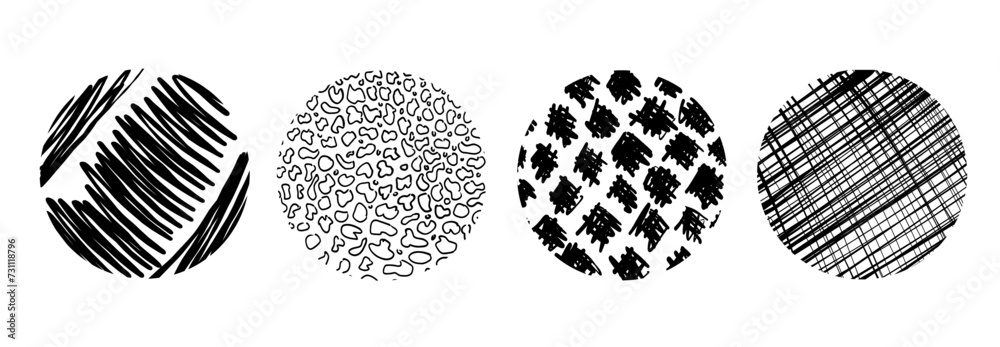 Black round stickers with various hand-drawn pencil crosshatch textures ...