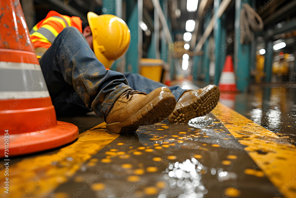 A construction worker experiencing a slip-and-fall accident on a wet ...