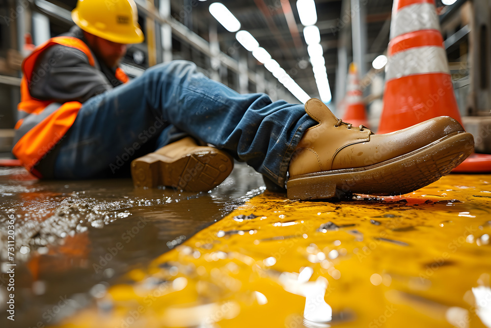 A construction worker experiencing a slip-and-fall accident on a wet ...