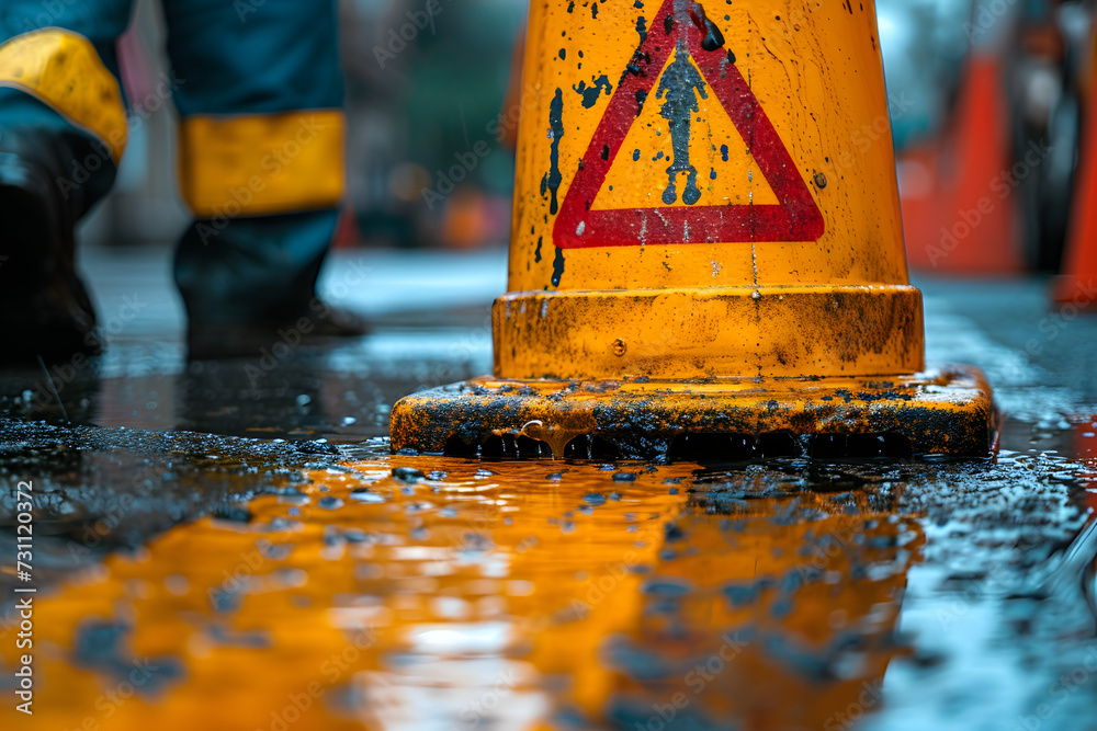 A construction worker experiencing a slip-and-fall accident on a wet ...