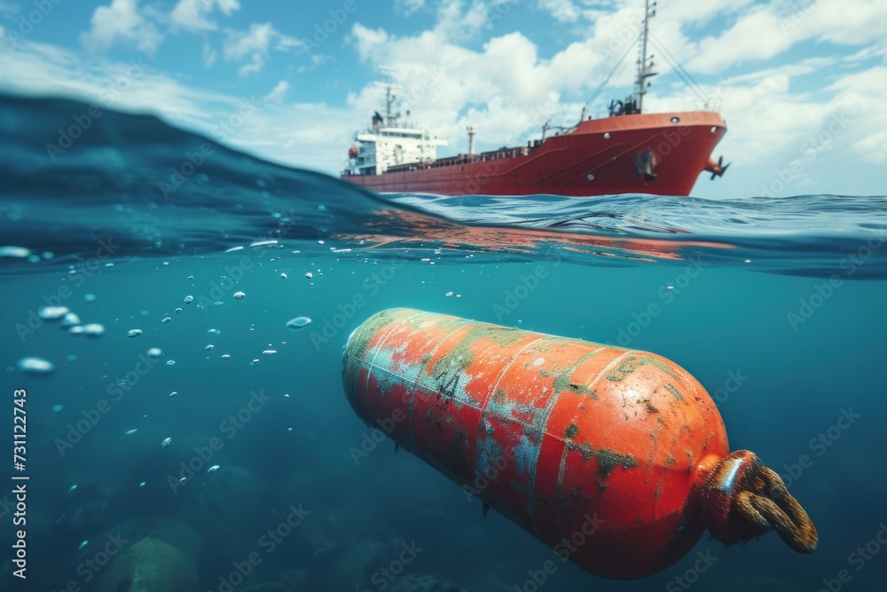 an anti-ship mine floating in the sea, creating an atmosphere that ...