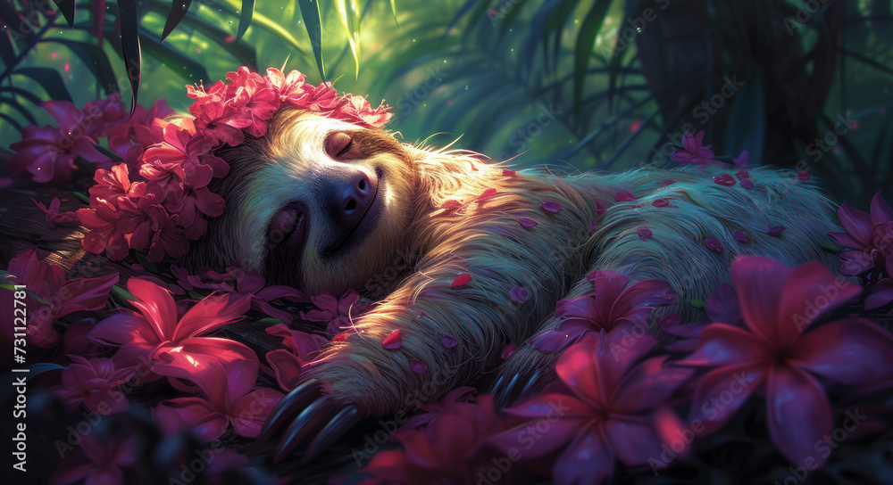 a painting of a sloth laying on its back in a field of flowers with its ...