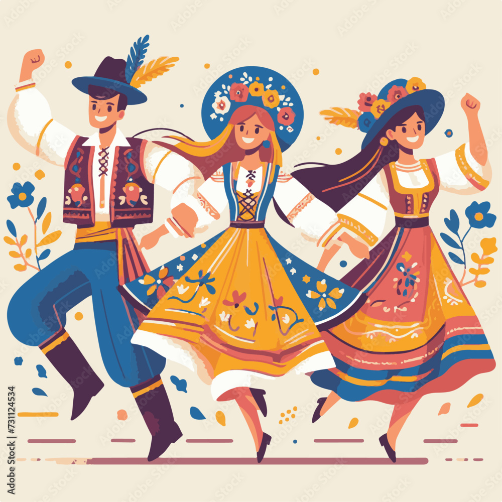 World Gypsy Day Couple in national costumes dancing folk dance. Vector ...