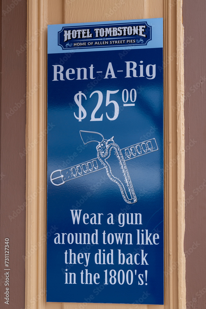 Tombstone, Arizona - December 20, 2023: Sign advertising to rent a rig ...