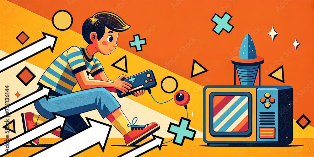 Boy playing vintage retro pad games and retro style backgrounds with ...