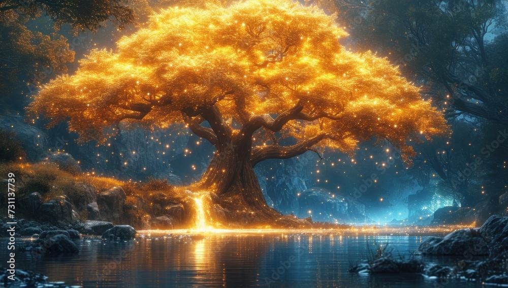 A large living tree emits dramatic sparkling light energy with ...