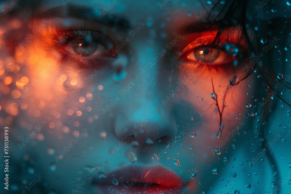 A mesmerizing portrait of a woman, her delicate eyelashes adorned with ...