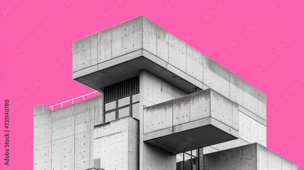 Generative AI, brutalism style concrete building, pink and grey colors ...