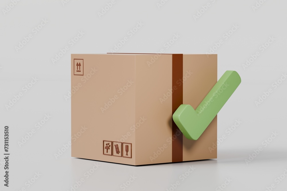 3d minimal cardboard box or delivery box with checklist, correct mark ...