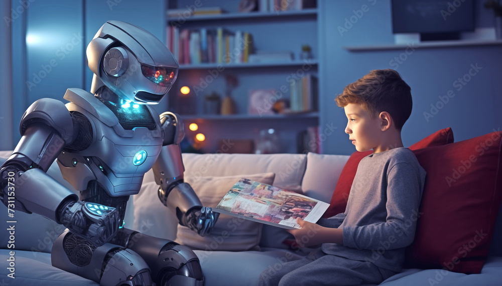 A human-like teenage android robot babysitter is reading a book to a ...