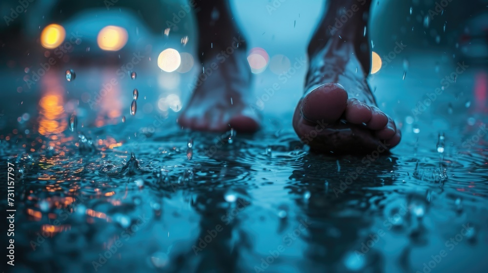 Person walking barefoot on a soaked wet road in heavy rain, evoking ...