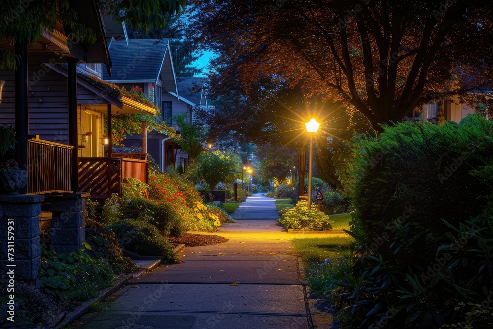 A tranquil suburban night with softly illuminated walkways, neat hedges ...