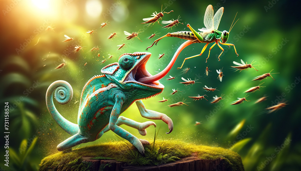 A vibrant and colorful chameleon catching a mantis with its tongue ...