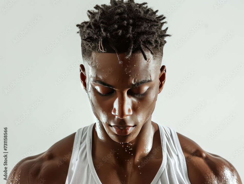 Fit young man with a muscular physique, sweating profusely, engaged in ...