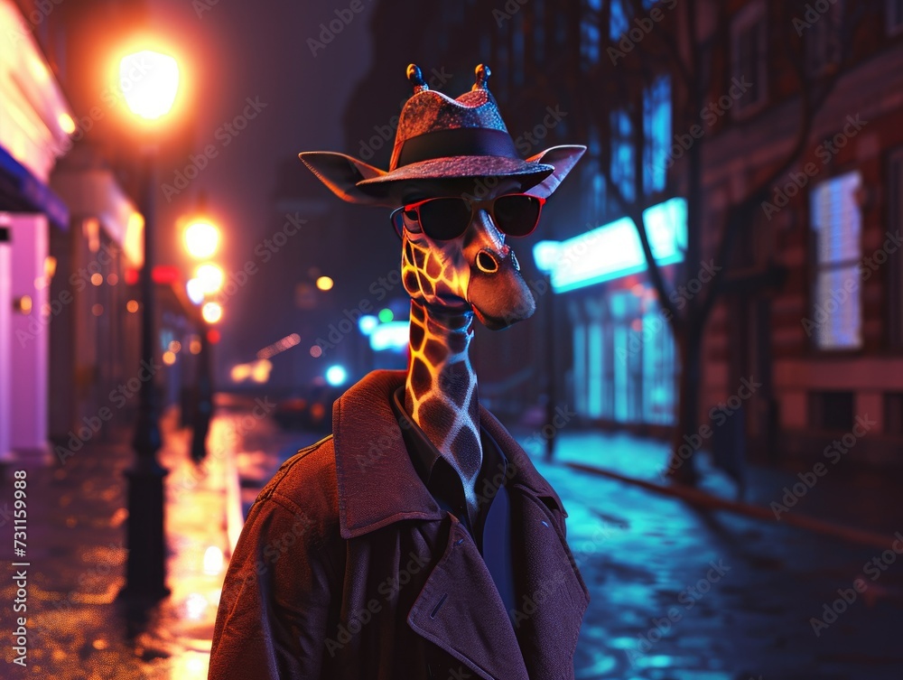 Giraffe detective in city street at night, wearing trench coat, fedora ...