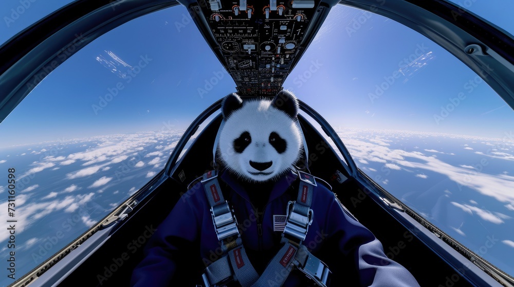 Panda pilot in navy blue aviator uniform seated in sleek cockpit of ...