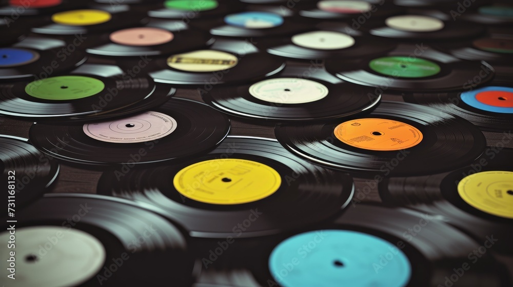 Vibrant vintage vinyl records with diverse genres and eras. Retro vibes ...