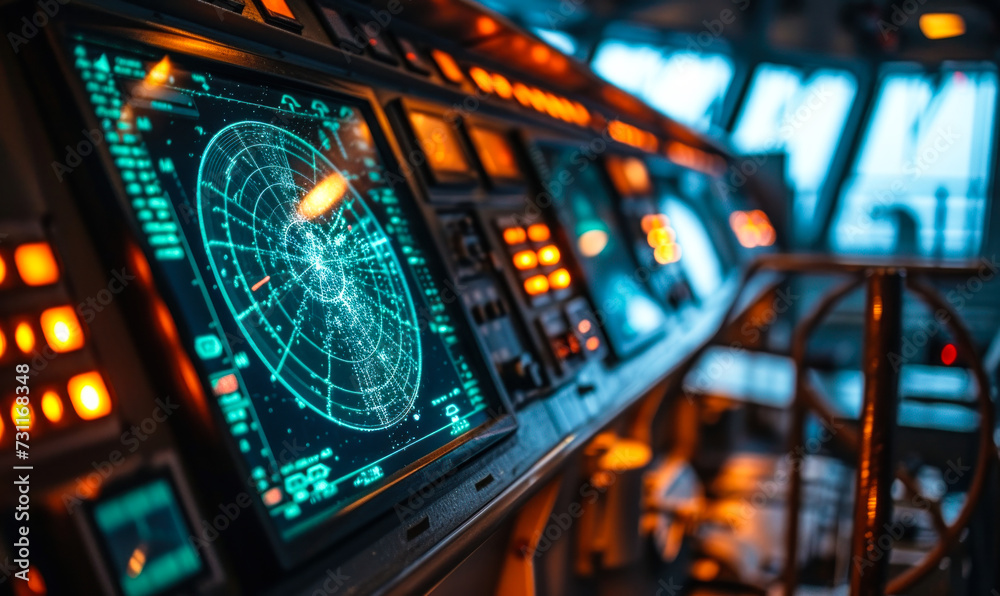 Advanced maritime navigation radar screen glowing in a dimly lit ship's ...