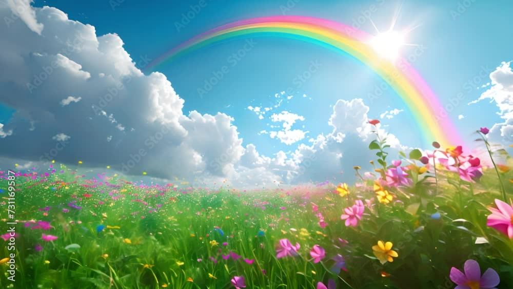 Magical green spring landscape with colorful rainbow. Layers of flowers ...