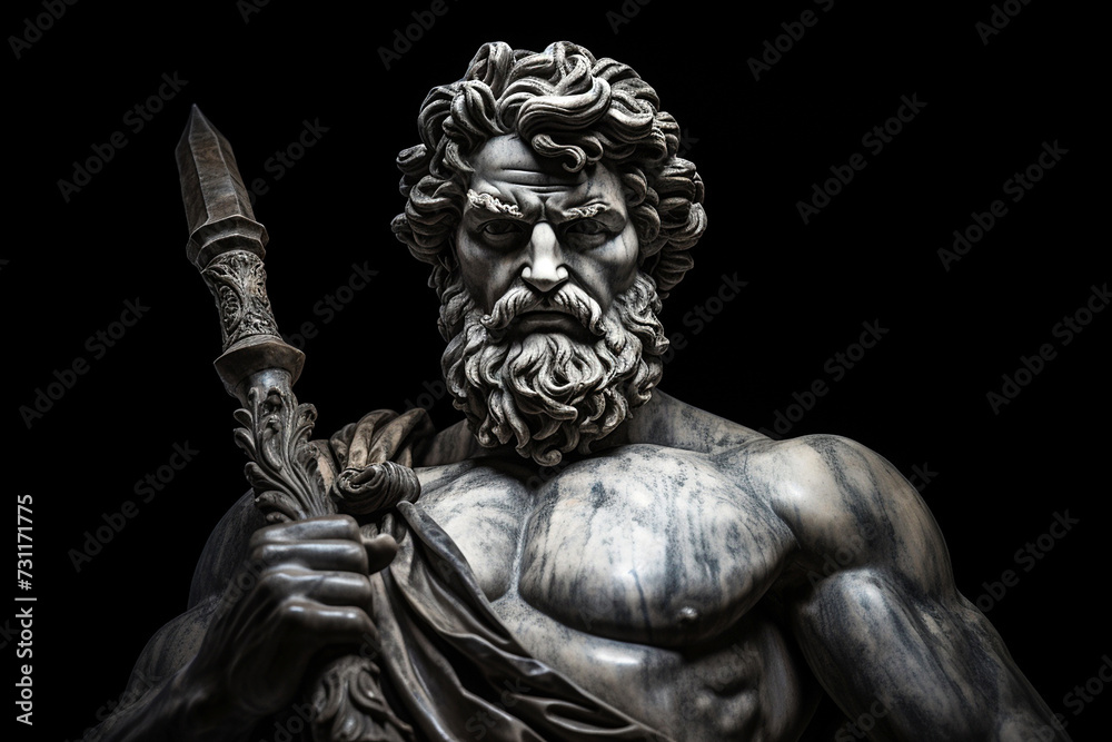 Greek god sculpture with modern weapon. Marble, stone sculpture holding ...