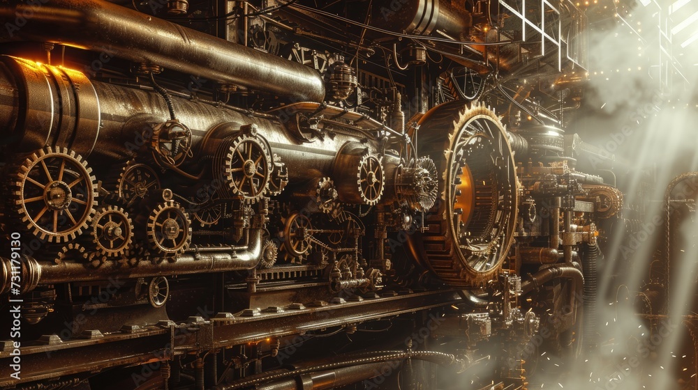 Steampunk workshop with intricate machinery, gears, and pipes. Dimly ...