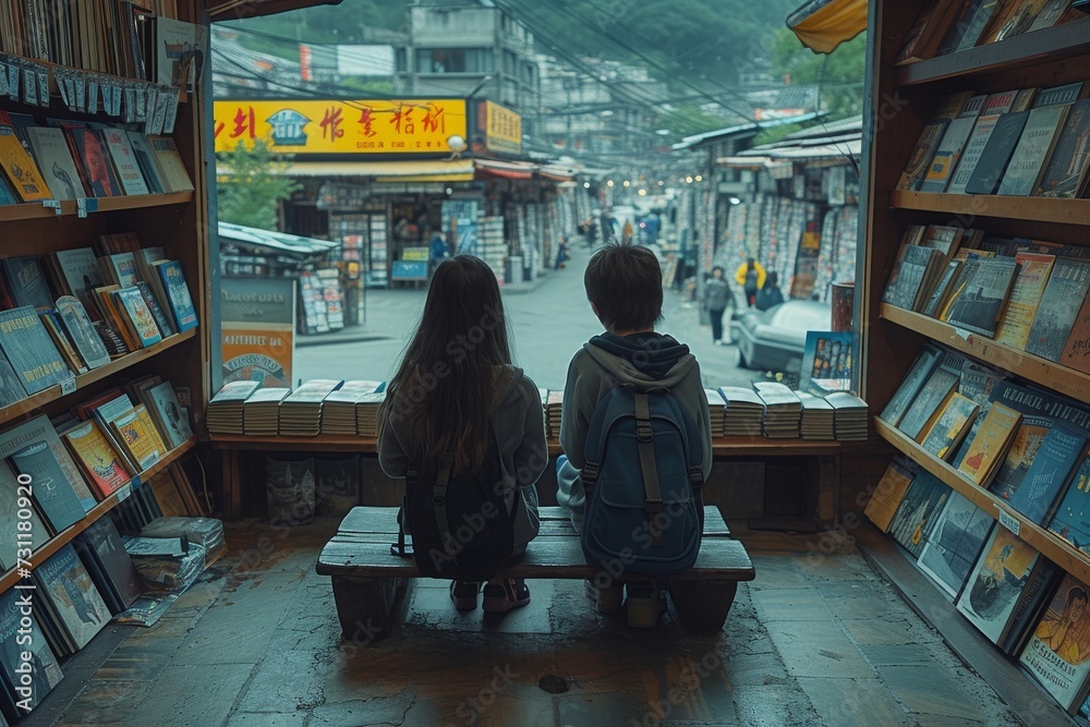 Two book lovers enjoy a peaceful moment on a city bench, surrounded by ...