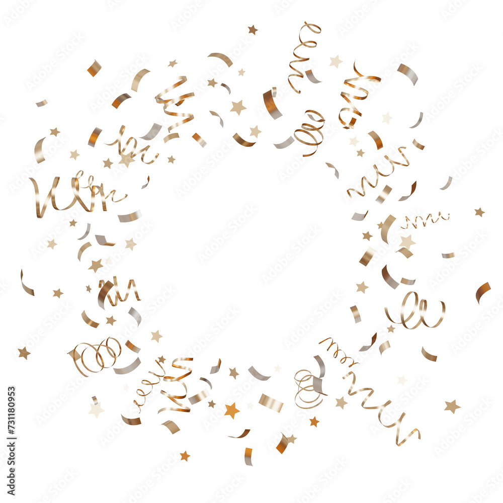 Circle of golden confetti on transparent background. Shiny particles ...
